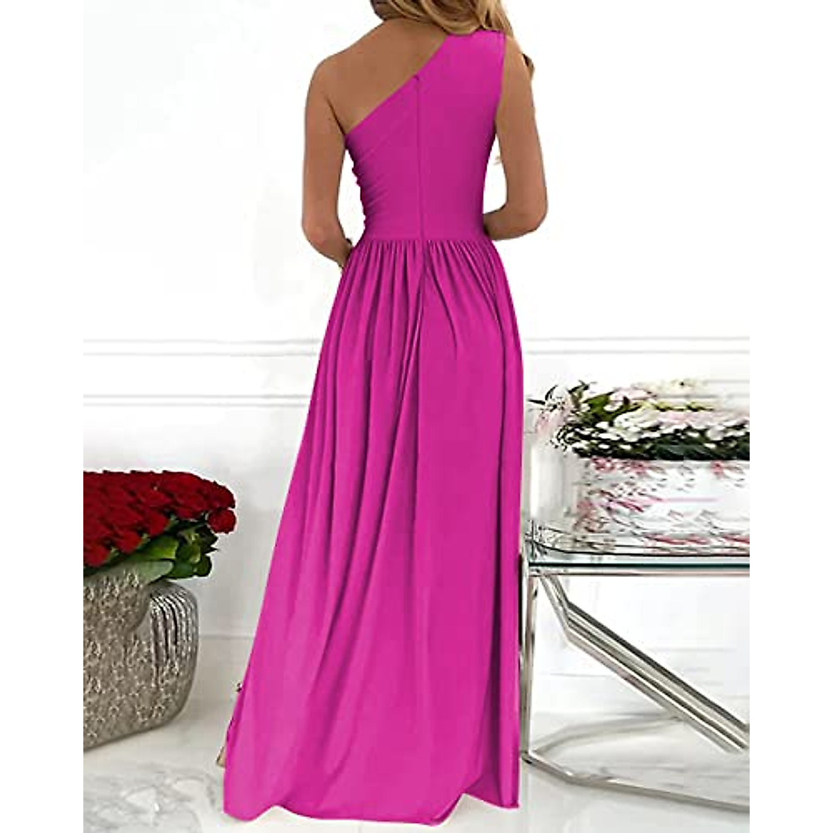 BTFBM Women's One Shoulder Cutout Sleeveless Maxi Dresses Side High Split Elegant Formal Prom Bodycon Party Cocktail Dress(Solid Rose Red, Large)