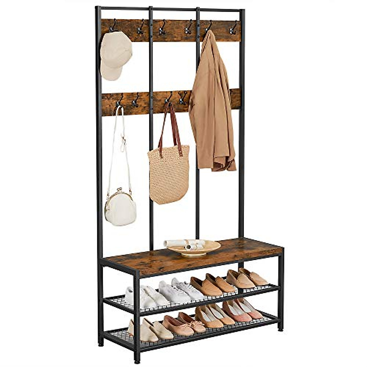 VASAGLE Large Coat Rack Stand, Coat Tree with 12 Hooks and Shoe Bench in Industrial Design, Hall Tree, Multifunctional Hallway Shelf, Office, Bedroom, Rustic Brown and Black UHSR86BX