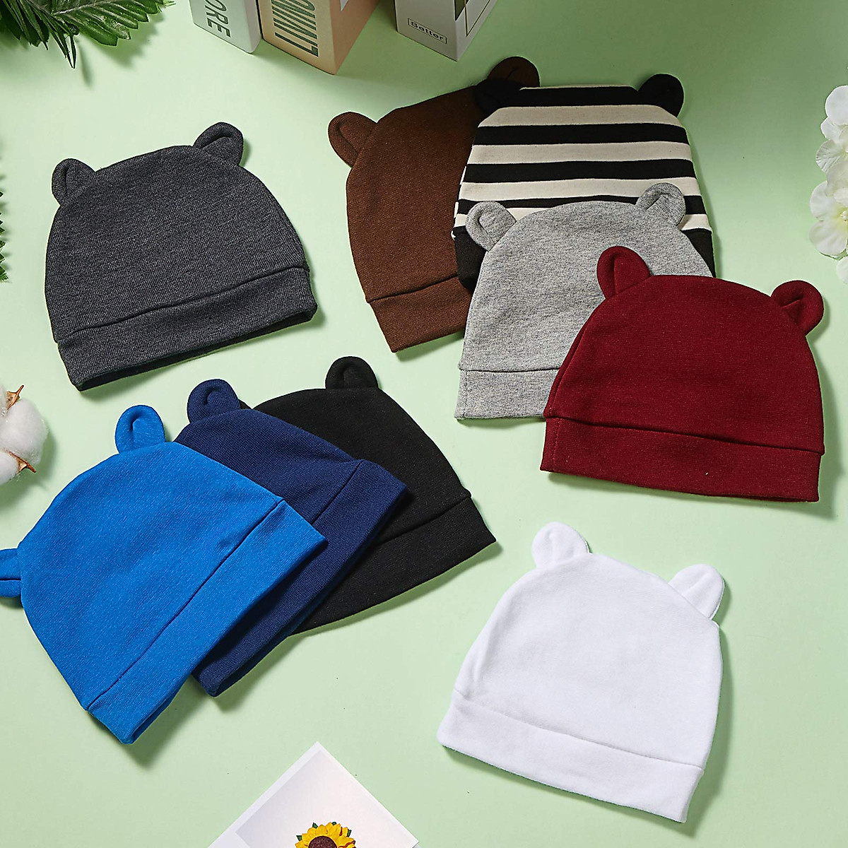 Geyoga 9 Pieces Newborn Baby Hat Bear Ears Infant Caps Baby Boy Girl Toddler Hats Beanie Caps (2 Ears) (Beautiful Colors, 2 Ears)