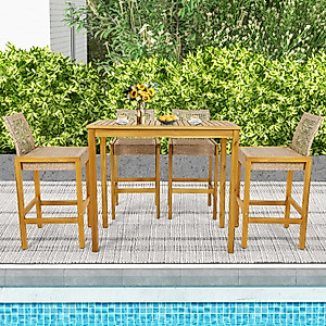 Tangkula Patio Wood Barstools Set of 2, PE Rattan Bar Height Chairs with Backrest, Stable Metal Frame, 400 lbs Max Load, Light Brown PE Wicker Bar Chairs for Porch, Backyard, Balcony (2)