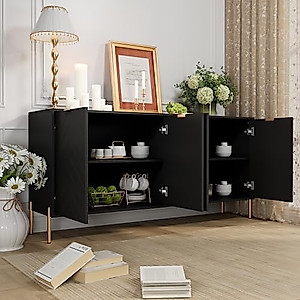 Clihome Storage Cabinet with 4 Doors，63 Inch Monden Accent Cabinet with Adjustable Shelf，Free-Standing Sideboard with Gold Legs for Hallway, Living Room, Black