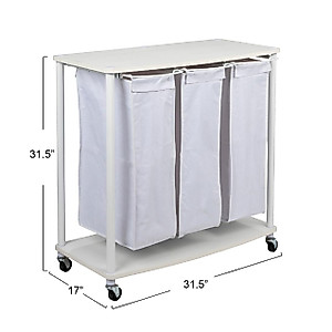Household Essentials 3-Bag Laundry Sorter, Smooth Laminate Shelving, Sturdy Steel Frame, Wheeling and Stationary Feet Options, Washable Linen Laundry Bags, 3-Load Capacity, Versatile, White