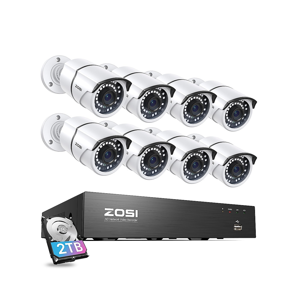 ZOSI 8CH 4K PoE Home Security Camera System with 2TB HDD,8pcs 5MP Weatherproof Outdoor Indoor IP Cameras,Night Vision,Motion Detection,Remote Access,8MP 8 Ports 16CH NVR Recorder for 24/7 Recording