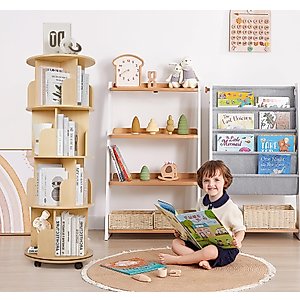 tonchean 4 Tier Rotating Bookshelf Tower,Wood Revolving Bookcase with Wheels Vertical Kids Toddler Bookshelf with Storage,Corner Display Bookshelf Rack for Library Study Office Living Room