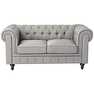Container Furniture Direct Grace Collection Chesterfield Button Tufted Bonded Leather Living Room Loveseat, Grey