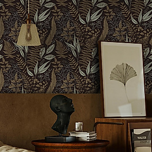 Ismoon Leaf Peel and Stick Wallpaper Dark Wallpaper Fern Botanical Wallpaper Black/Brown Contact Paper Removable Wallpaper Peel and Stick Self Adhesive Wall Paper Vinyl Shelves Wallpaper 16.1x118in