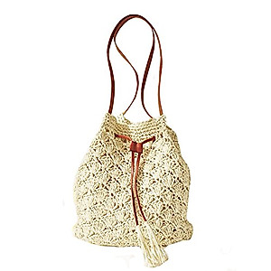CLARA Women Summer Beach Bag Straw Weave Bucket Bag Drawstring Shoulder Bag Tote Bag Handbag Purse(Beige)