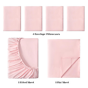 BYSURE 6 Pieces Bed Sheets Set(Queen, Light Pink) - Super Soft 1800 Thread Count 100% Microfiber Sheets with Deep Pockets, Wrinkle & Fade Resistant