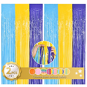 BEISHIDA 2Pcs Blue Yellow Purple Door Streamers Pastel Colors Foil Fringe Curtains Photo Backdrop for Wedding Party Birthday Stage Halloween Bridal Shower Decor(3.28 ft x 6.56 ft)