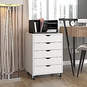 YITAHOME 5-Drawer Chest, Wood Storage Dresser Cabinet with Wheels, Dressers & Chests of Drawers, Mobile Storage Closet Organizer for Home, Office, Bedroom White