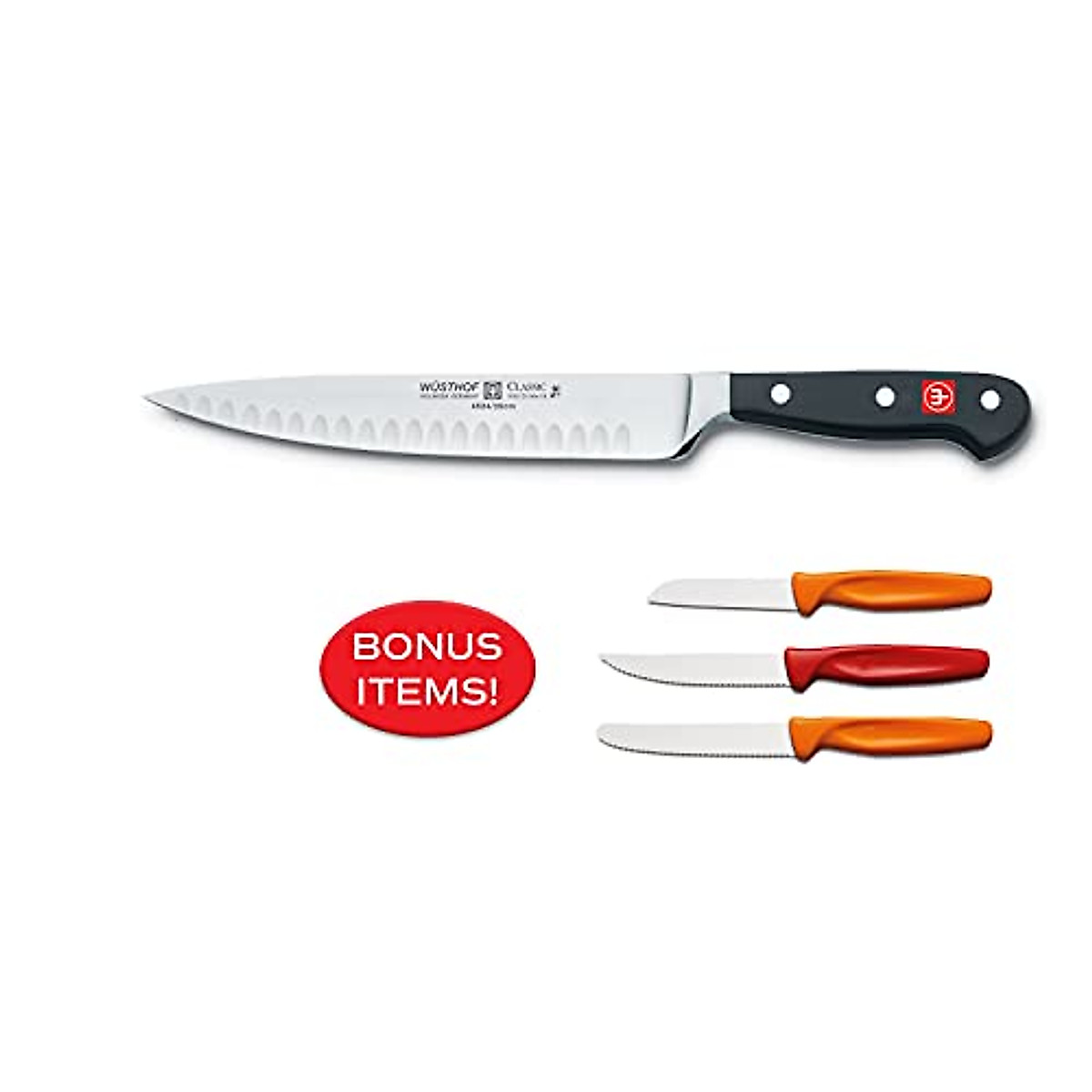 Wüsthof Classic Hollow Edge Carving Knife, 8-Inch, with Bonus Paring Knives, Black, (8854)