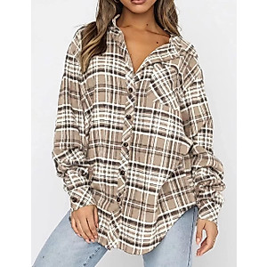 Zontroldy Womens Flannel Plaid Shirts Oversized Long Sleeve Button Down Buffalo Plaid Shirt Blouse Tops (0888-Apricot-M)