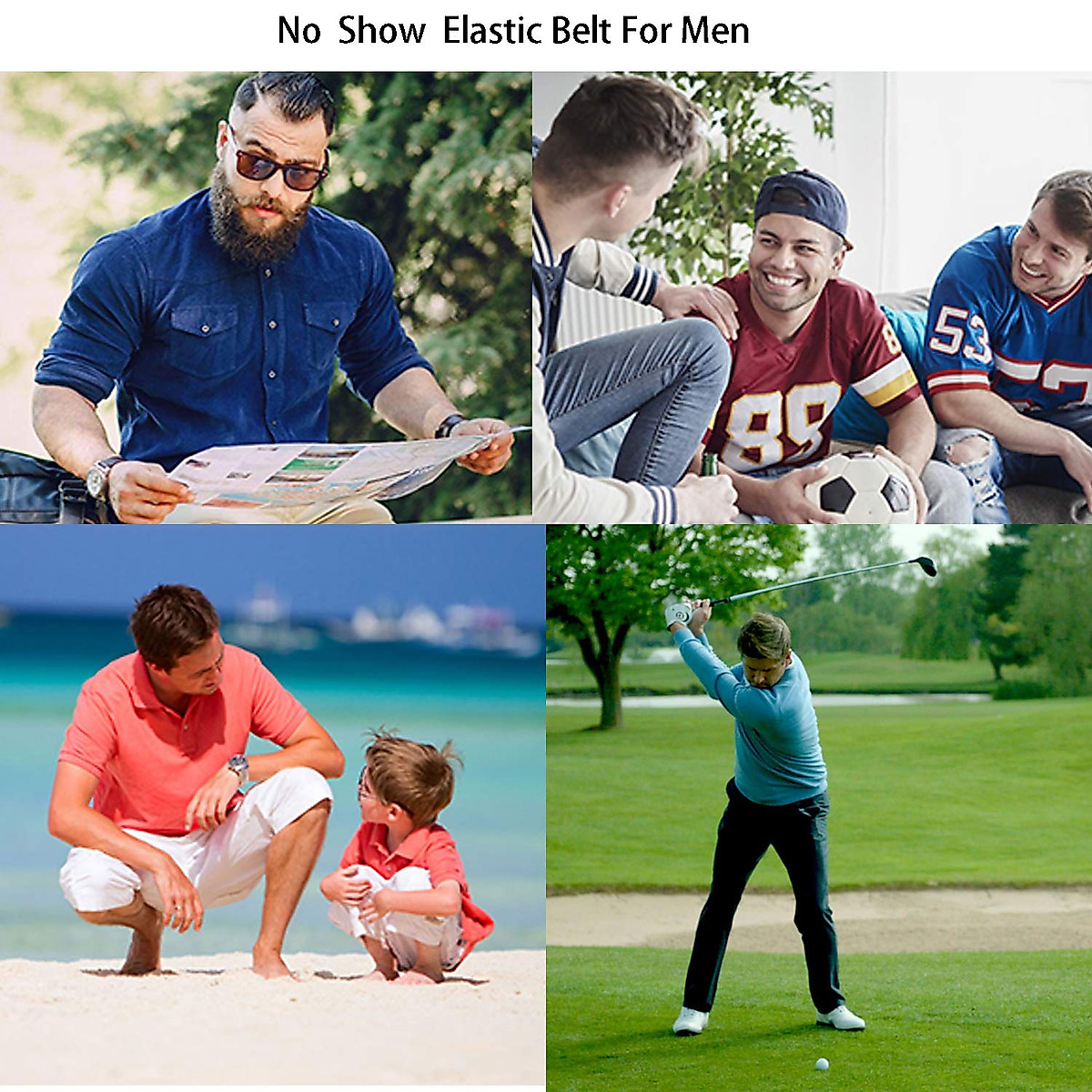 WERFORU 4 Pack No Buckle Show Belt for Men Buckle Free Stretch Belt for Jeans Pants 1.38 Inches Wide (C-Black+Coffee+Blue+Yellow, Suit for Pants Size 30"-48")