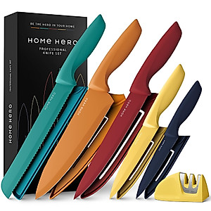 Home Hero Kitchen Knife Set with Sheath Covers - High Carbon Stainless Steel Knife Set with Ergonomic Handles & Ceramic Coating, Nonstick Ceramic Knife Set with Chef Knife (11 Pcs - Multicolor)