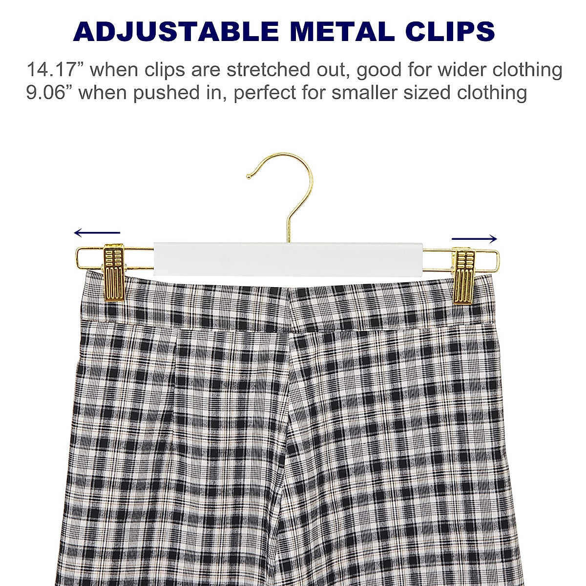 Amber Home 24 Pack 14.17" Solid White Wooden Pant Skirt Hangers with Gold Hook, Bottom Hangers for Slacks Trousers Jeans with 2-Adjustable Gold Clips (White, 24 Pack)