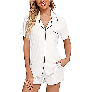 Samring Pajamas for Women Sleepwear Womens Shorts Button Down Cotton Nightwear Set PJS for Women White L