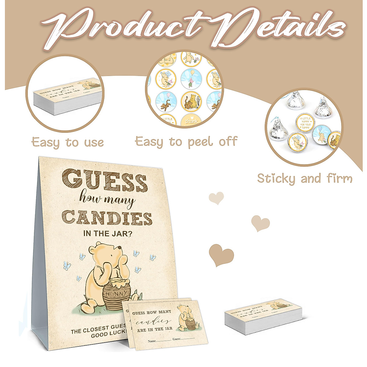 Winnie Guess How Many Candies Baby Shower Games, How Many Candies Standing Sign 50 Guessing Cards 180 Baby Shower Winnie Candies Stickers, Guess How Many Candies Winnie the Pooh Baby Shower Games