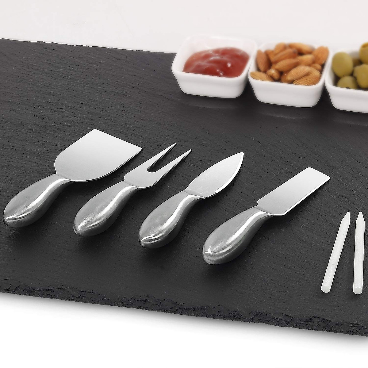 Large Slate Cheese Board and Knife Set, 7 piece w/ FREE 3 Ceramic bowls, Cheese Platter Slate Board, Cheese Serving Board, 4 Stainless Steel Knives, 2 Soap Stone Chalks, 16" X 12" (7 Piece + 3)