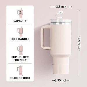 KISSKIND 40 oz Tumbler with Handle and Straw Lid Leak-proof Silicone Boot Straw Cover Cap Travel Coffee Mug Stainless Steel Water Bottle Insulated Cup for Hot and Cold Beverages Gift Idea-Cream
