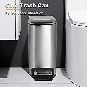 LAISU 6L/1.6Gal Stainless Steel Trash Can with Lid Soft Close, Removable Inner Wastebasket, Slim Small Garbage Can, Step Trash Bin for Bathroom Bedroom Office, Anti-Fingerprint Finish, Silver