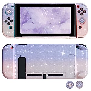 FANPL Glitter Case for Nintendo Switch, Hard Shell Dockable Protective Case Cover for Switch and JoyCon Controller with Glitter Cat Paw Thumb Grips (Gradient Pink and Purple)
