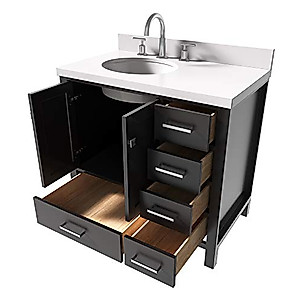 ARIEL Bathroom Vanity 37" Inch in Espresso with Pure White Quartz Counter-top, Left Offset Oval Sink, 2 Soft Closing Doors and 5 Full Extension Dovetail Drawers, No Mirror