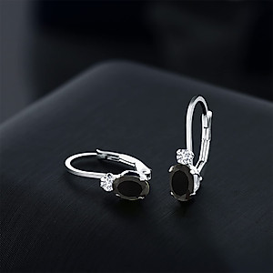 Gem Stone King 14K White Gold Black Onyx and White Diamond Leverback Earrings For Women | 0.85 Cttw | Gemstone December Birthstone | Oval 6X4MM, Round 2MM | 3/4 Inch