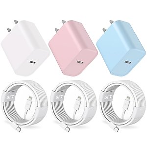 ILOUYU USB C Fast Charger, 3 Pack 20W USB-C Power Adapter with 3 Pack 6FT Type C to Lightning Cable for iPhone 14/13 Pro/13/12/12 Mini/12 Pro Max/11 Pro Max (Pink+Blue+White)