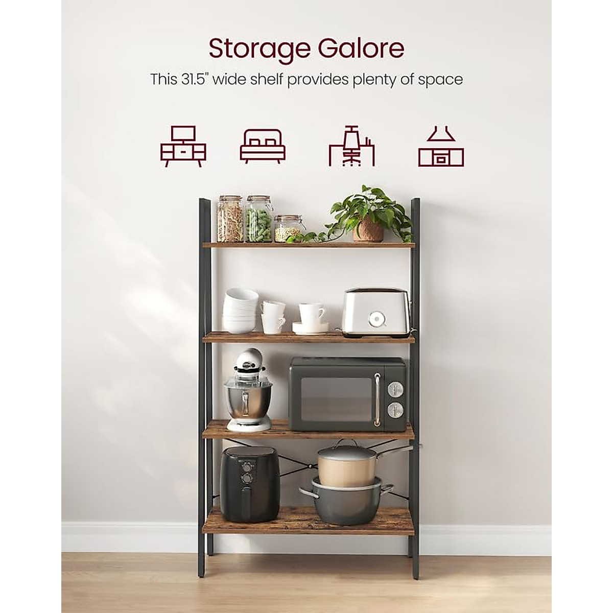 VASAGLE Ladder Shelf, 4-Tier Bookshelf, Storage Rack, Bookcase with Steel Frame, for Living Room, Home Office, Kitchen, Bedroom, Industrial Style, Rustic Brown and Black ULLS144B01