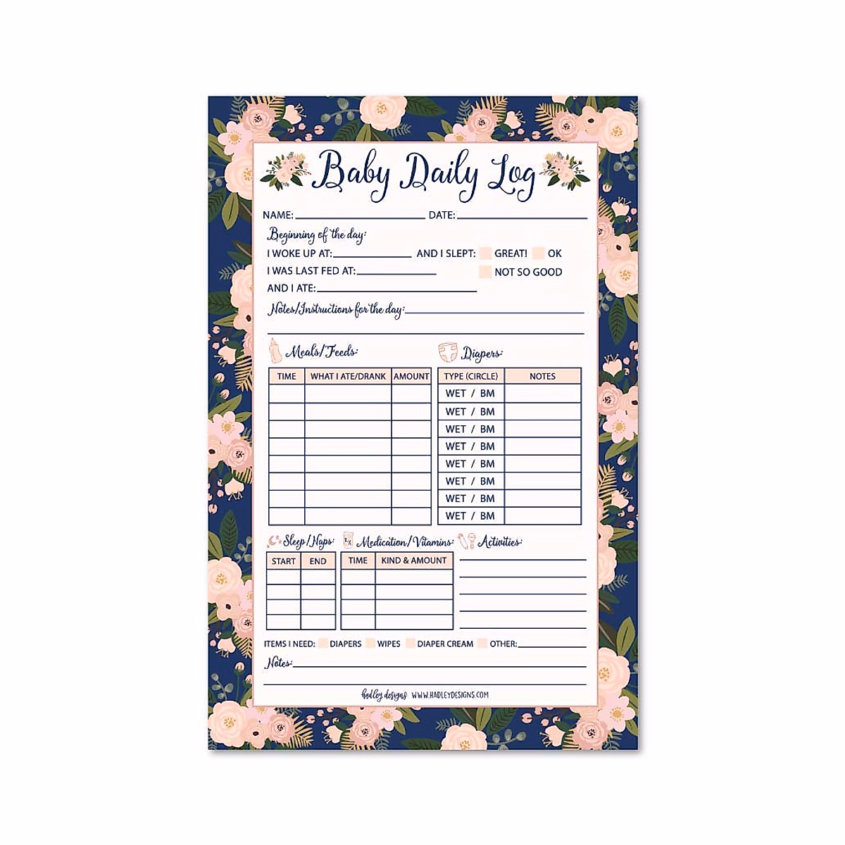 Hadley Designs - Nanny Newborn Baby or Toddler Log Tracker Journal Book, Daily Schedule Feeding Food Sleep Naps Activity Diaper Change Monitor Notes For Babies - 50 Sheet Pad