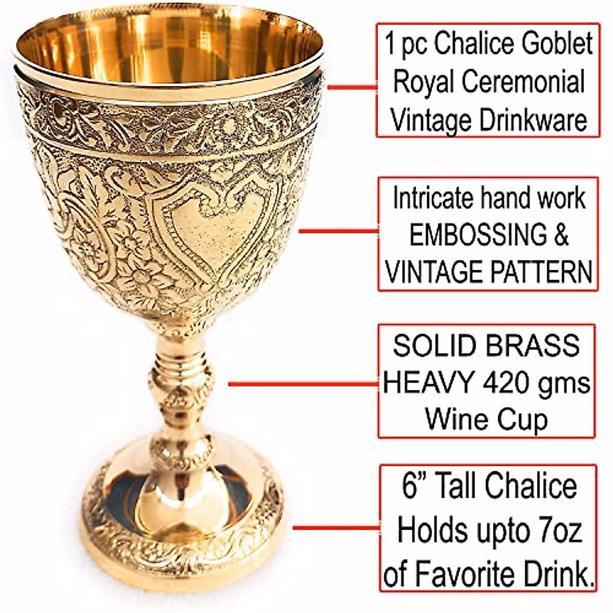 ALADEAN Brass Vintage Chalice Goblet | 1x Royal Wine Cups of King Arthur - Renaissance Medieval Gifts for Communion, Christmas Pack of 1pc (Roman Chalice)