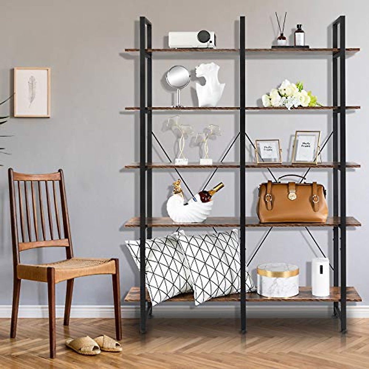 VINGLI Bookcases and Book Shelves 5 Shelf,Double Wide 5 Tier Bookshelf,5 Tier Tall Bookshelf,Large Etagere Bookshelf 5 Shelf Bookcase,Industrial Style Bookshelf,Living Room,Bedroom,Office