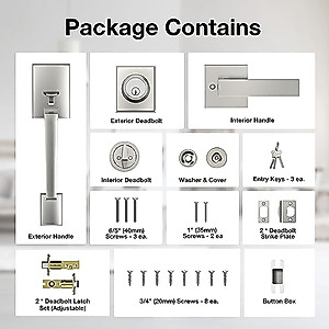 Brightify Satin Nickel Front Door Handle, Satin Nickel Door Handle with Door Lever, Modern Front Door Handle Set, Adjustable Deadbolt Lock Set with Single Cylinder, Reversible for Right&Left