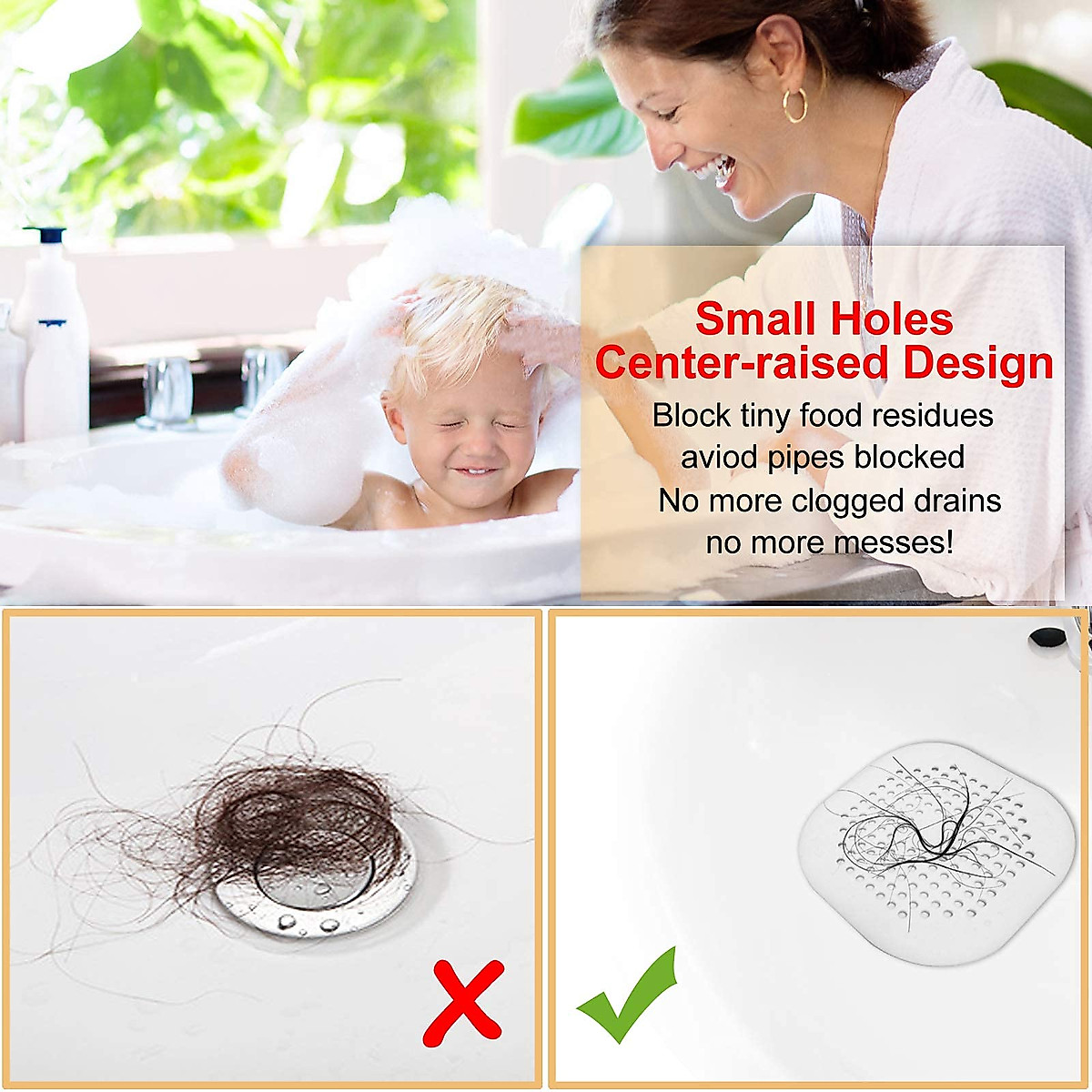 Hair Drain Catcher,Square Drain Cover for Shower Silicone Hair Stopper with Suction Cup,Easy to Install Suit for Bathroom,Bathtub,Kitchen 4 Pack (Grey Aluminium White)