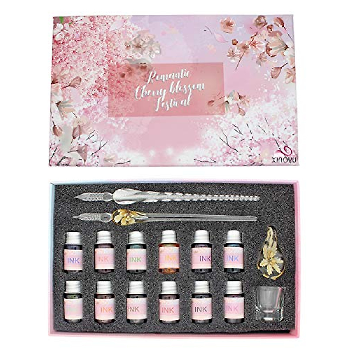 XIAOYU Glass Dip Pen Ink Set, 16 Pieces Calligraphy Pens Set - 12 Colorful Inks, Pen Holder, Cleaning Cup, 2 Crystal Glass Pens for Writing, Signature - Yellow