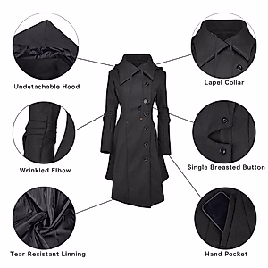 QZUnique Long Trench Pea Coat for Women - Wool Winter Trench Coat Goth Lapel Peacoat Outwear Thick Hood Pea Jacket Trenchcoat