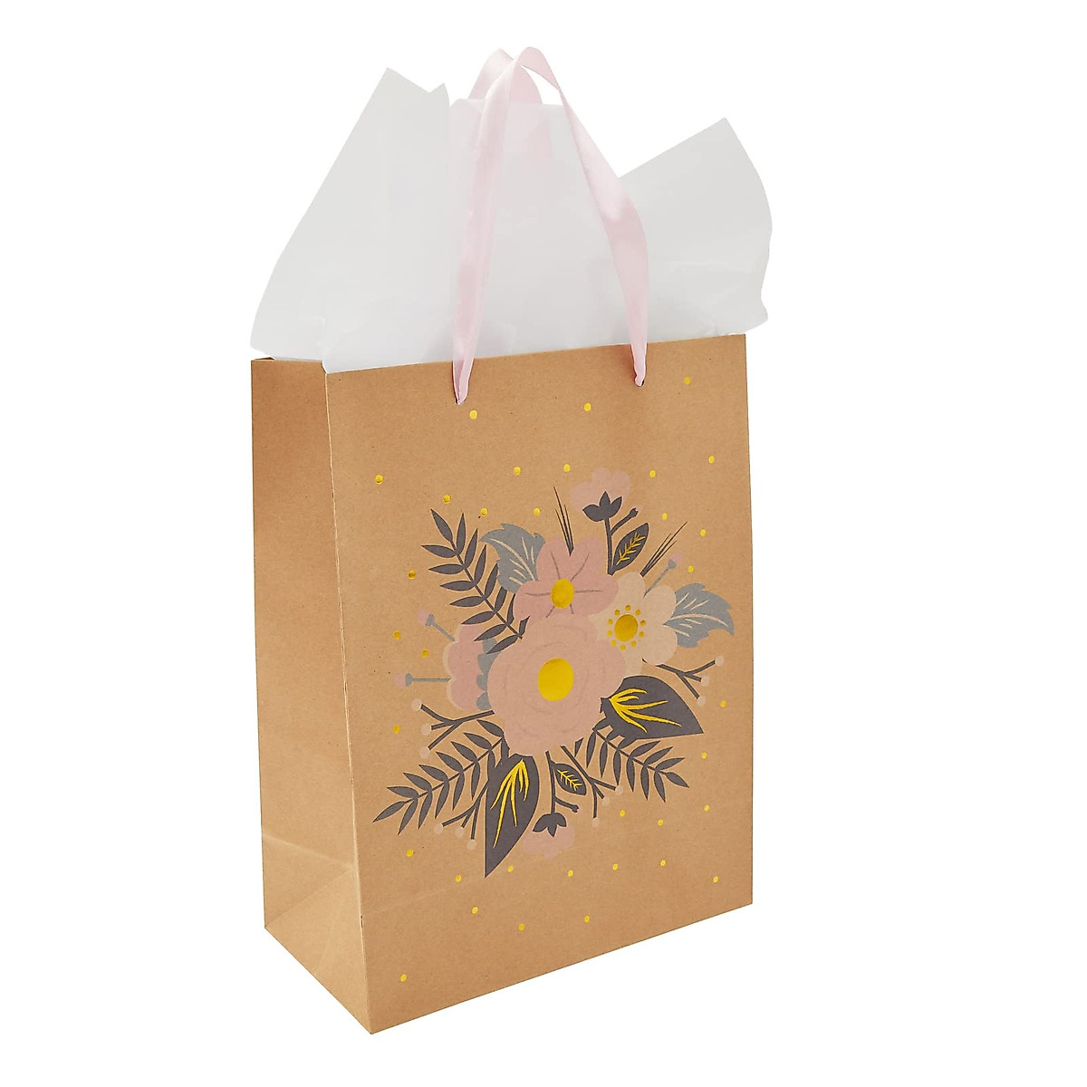 Juvale 12 Pack Kraft Paper Floral Gift Bags with Ribbon Handles + 20 Sheets Tissue Paper for Bridal Shower, Tea Party, Wedding Favors (10 x 13 In)
