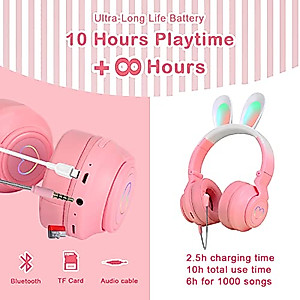 JINSERTA Kids Headphones with Bunny Ear LED Light Up,Noise Cancelling Adjustable Microphone Headset,Wireless Foldable Over-Ear Headphones for Kids Gifts/School/Kids Tablet/Travel (Pink)