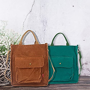 LIHENYU Corduroy Tote Bag with External Pocket,Top Zipper Closure,Aesthetic Purse Cute Crossbody Bag for School Travel Work Brown