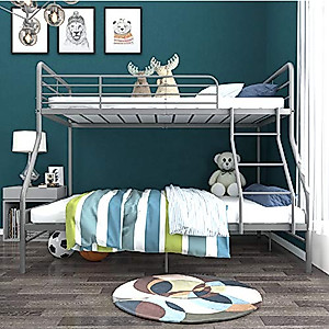 Bunk Bed Twin Over Full, Heavy Duty Metal Bunk Bed Frame with Guard Rail & Flat Ladder Stairs, Space-Saving, No Box Spring Needed (Silver)