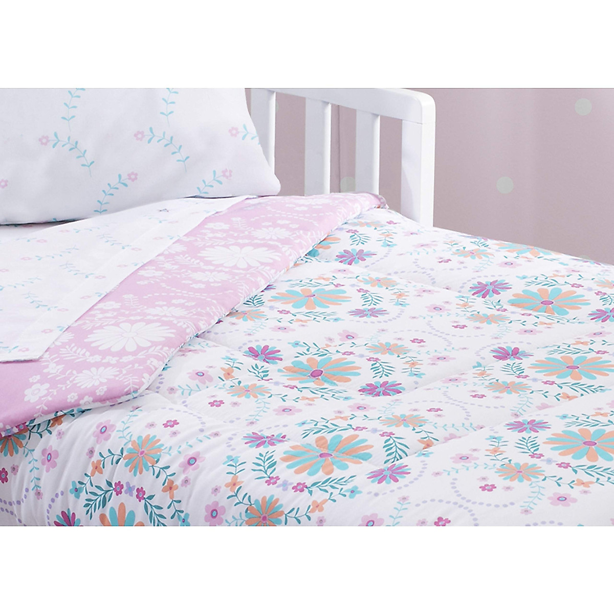 Delta Children 4 Piece Toddler Bedding Set for Girls - Reversible 2-in-1 Comforter - Includes Fitted Comforter to Keep Little Ones Snug, Bottom Sheet, Top Sheet, Pillow Case - Pink Bohemian