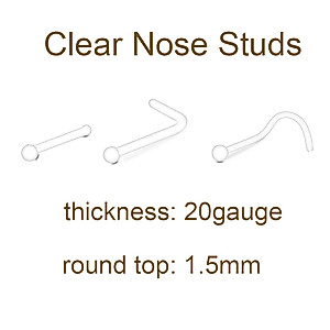 MODRSA 30pcs Bioflex Clear Nose Rings Retainer Flexible L Shaped Nose Studs Screw Nostril Pin Bone Straight Nose Piercing Retainer 1.5mm 2.0mm 2.5mm 3.0mm Top