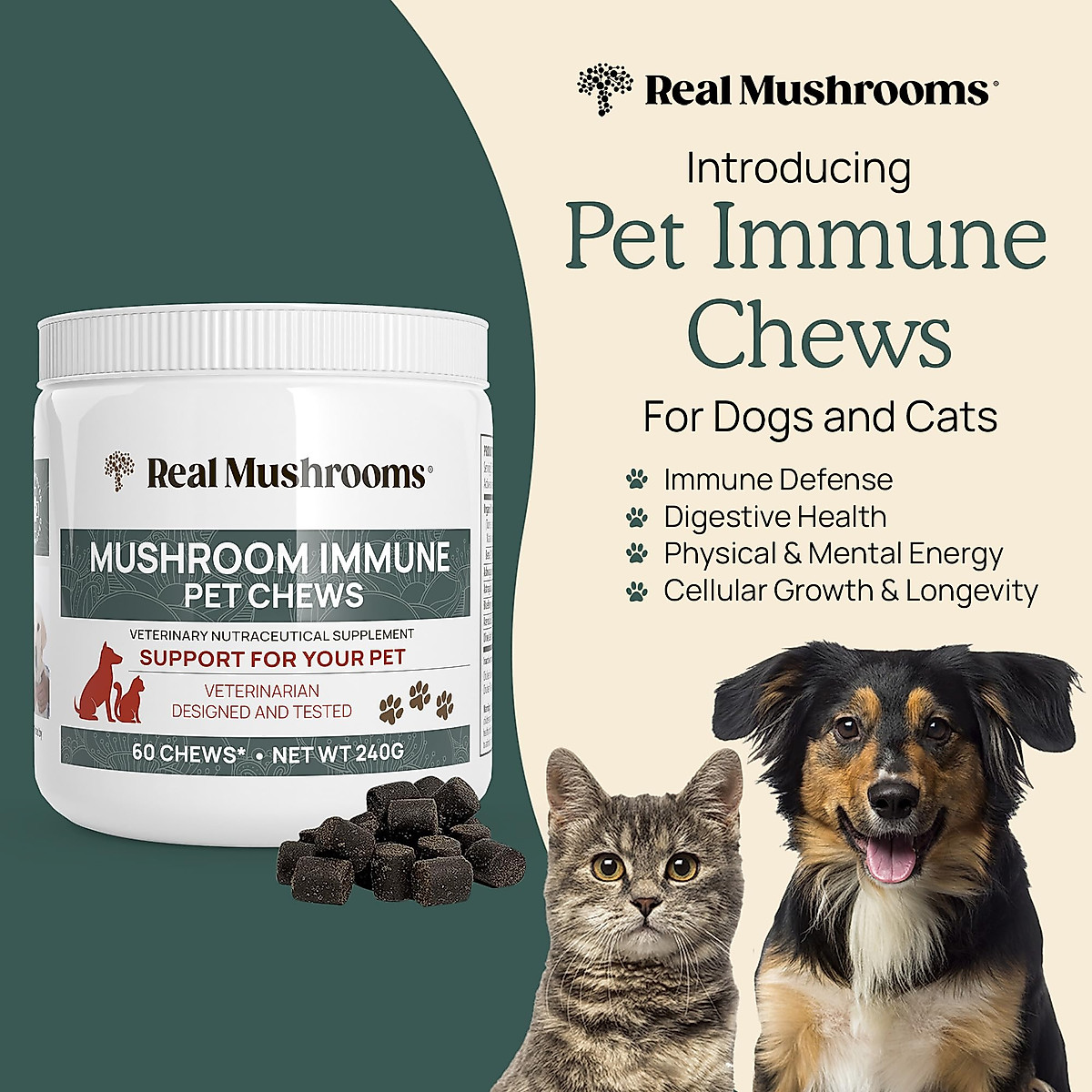 Real Mushrooms Immune Pet Chews (60ct) & 5 Defenders Pet Support (90ct) - Bundle for Immune Strength - Chaga, Shiitake, Reishi, Turkey Tail, Maitake, Ashwagandha, Astragalus & More - Vegan, Non-GMO
