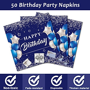 96 Pcs 50th Birthday Party Supplies Navy Blue and Silver Birthday Plates 50th Birthday Paper Tableware Happy Birthday Party Plates and Napkins Forks Blue Birthday Table Decorations for 24 Guests