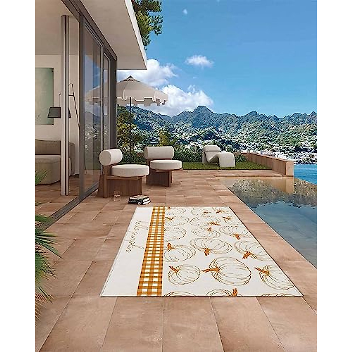 Hello Pumpkin Outdoor Rug for Patio/Deck/Porch, Non-Slip Large Area Rug 6 x 9 Ft, Thanksgiving Orange Plaid Pumpkin Fall Indoor Outdoor Rugs Washable Area Rugs, Reversible Camping Rug Carpet Runner