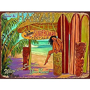 cutespree Come to Hawaii Kona Surfboard Rental Metal Sign Home Decor Metal Novelty Sign 8x12inch Vintage Sign for Coffee Garden Room Decor