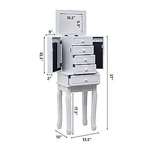 WEI WEI GLOBAL Standing Jewelry Armoire w/Top Flip Makeup Mirror, Wooden Jewelry Cabinet Chest Organizer, Stand Up Storage Display Box- 5 Drawers & 14 Necklace Hooks, White