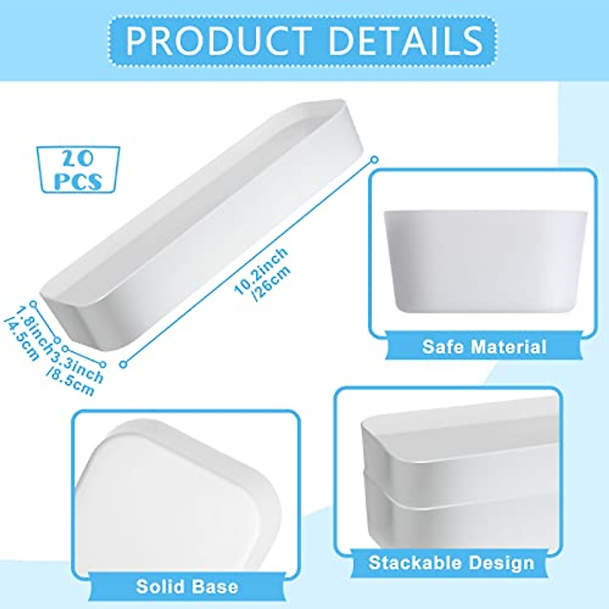 Macarrie 20 Pcs Plastic Drawer Organizer 10 x 3.3 x 1.8 Inch Storage Tray Plastic Silverware Organizer Utensil Holder Drawer for Makeup Kitchen Bathroom Desk Cabinet Organizing, White