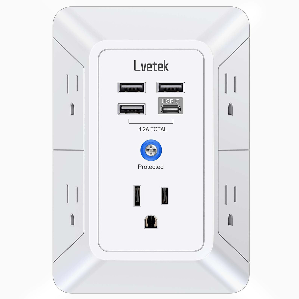 5-Outlet Surge Protector Wall Charger with 4 USB Ports - 1680J Multi Plug for Home, Office, Travel
