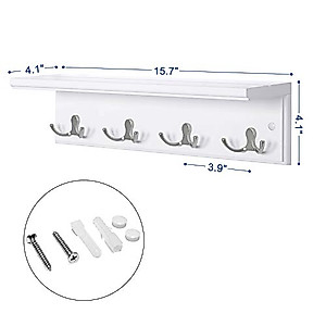 SONGMICS Coat Rack with Shelf, Wall-Mounted Coat Rack, with 4 Metal Dual Hooks for Coats, Bags, for Entryway, Bedroom, Living Room, White ULHR42WT